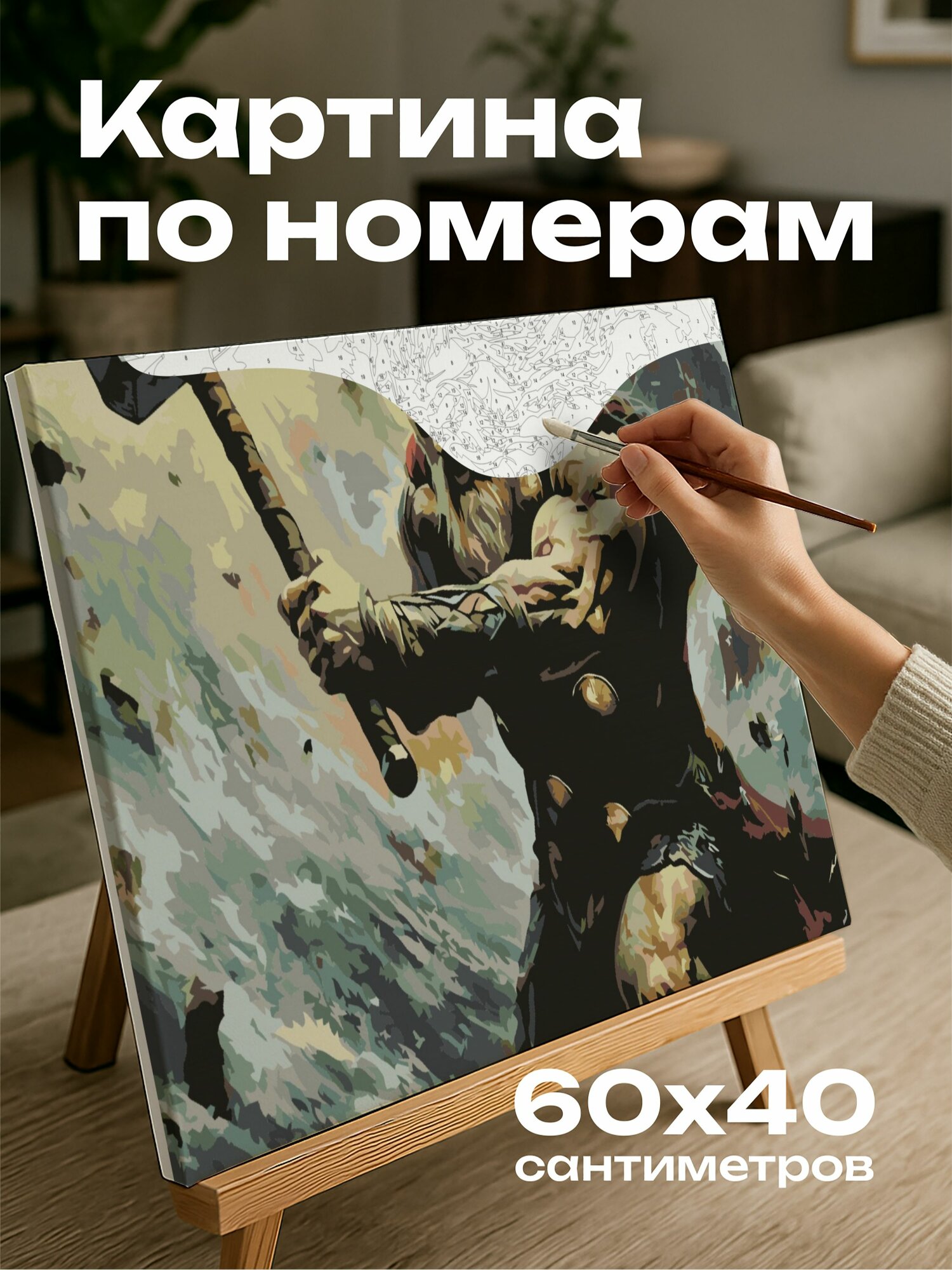 Картина по номерам 60x40 см, Тор, молот, скандинавский бог, масляная картина, бушующий шторм, рельефные мускулы, 5:3.