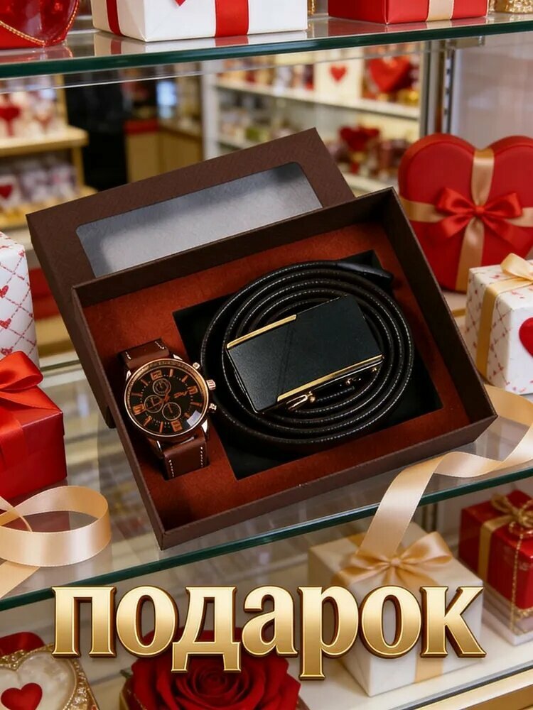 Подарок мужчине Ремень портмоне и часы