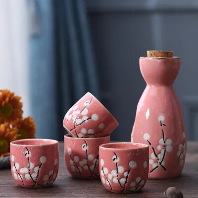 Керамический набор для сакэ Cherry Blossom, 1 горшок, 4 чашки Розовый, F-1pot 4cup