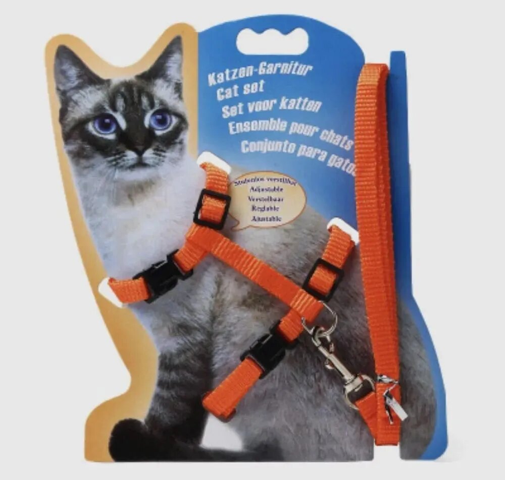 Шлейка с поводком для кошки. Размер шлейки 21*31*1 см длина поводка 110 см Цвет оранжевый