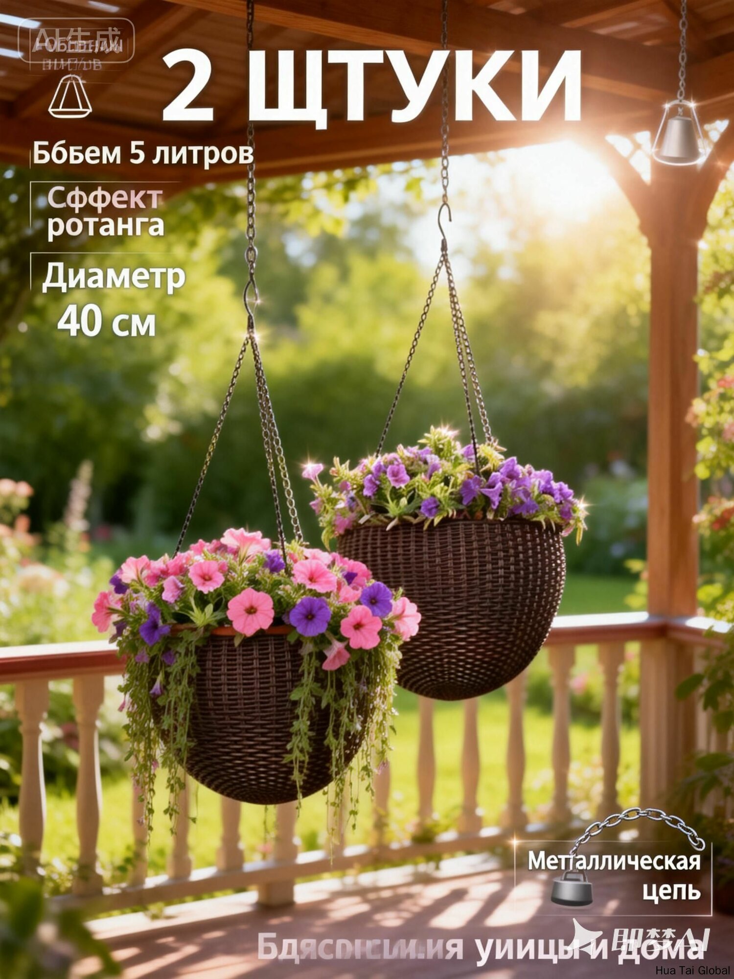 Кашпо подвесное для цветов с вкладышем и цепочкой, 2 шт, 5 л, 40 см. Горшок уличный под ротанг для петуний, ампельных растений и сада, коричневый