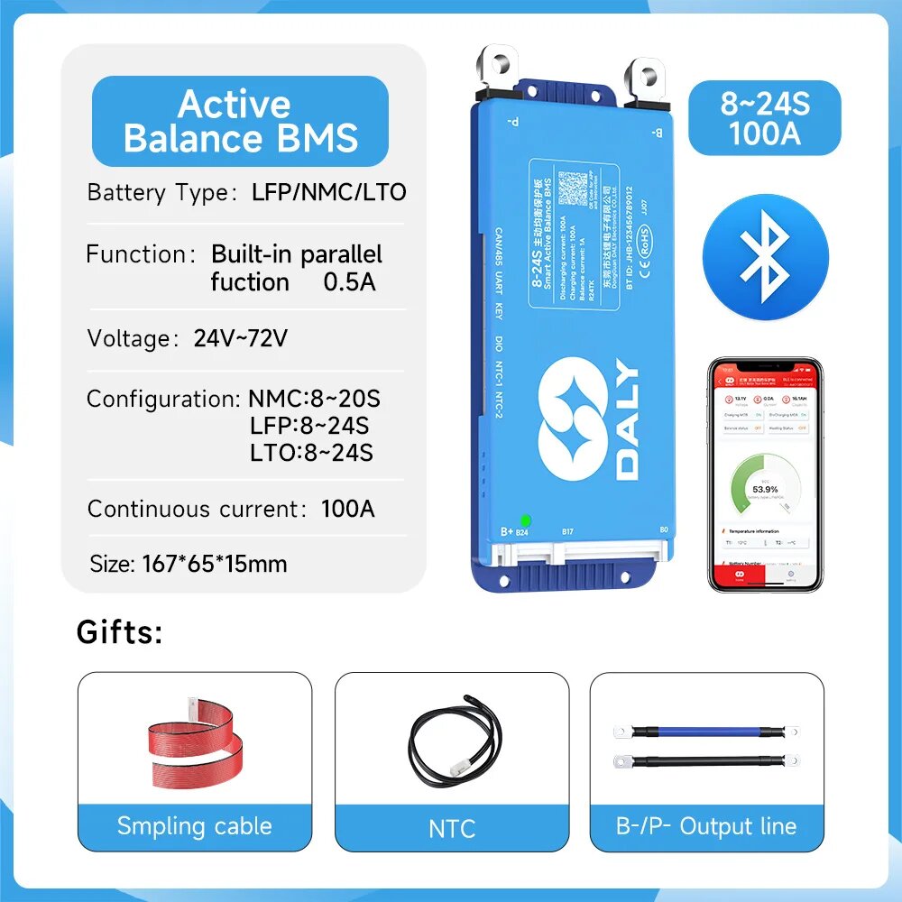 DALY BMS 8-24S 100A Bluetooth для LiFePO4/NMC/LTO