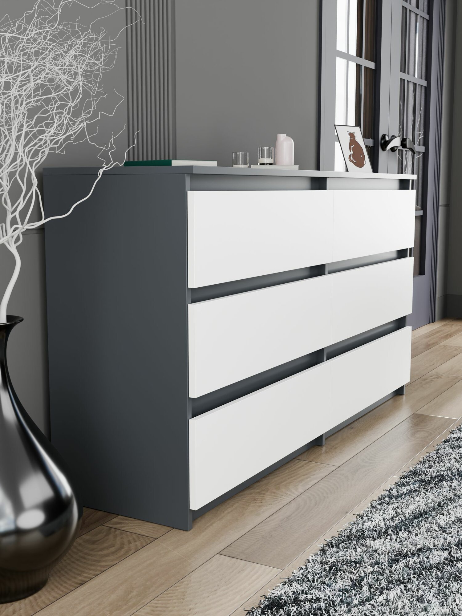 Комод для белья и одежды орлан 6 ящиков, 140х76.4х40 см, графит/белый