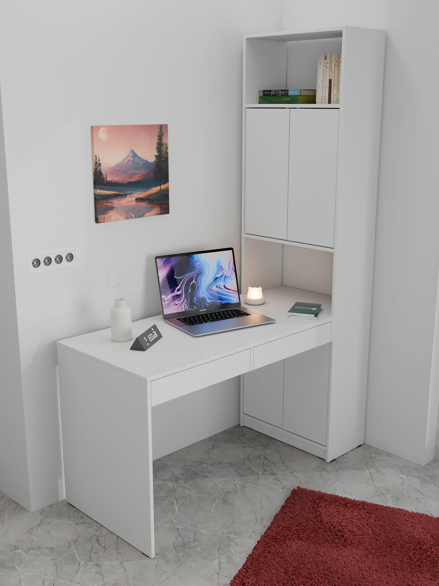 Изумлит Стол-стеллаж с дверьми письменный угловой, стеллаж справа 200х140х59.2 см, белый