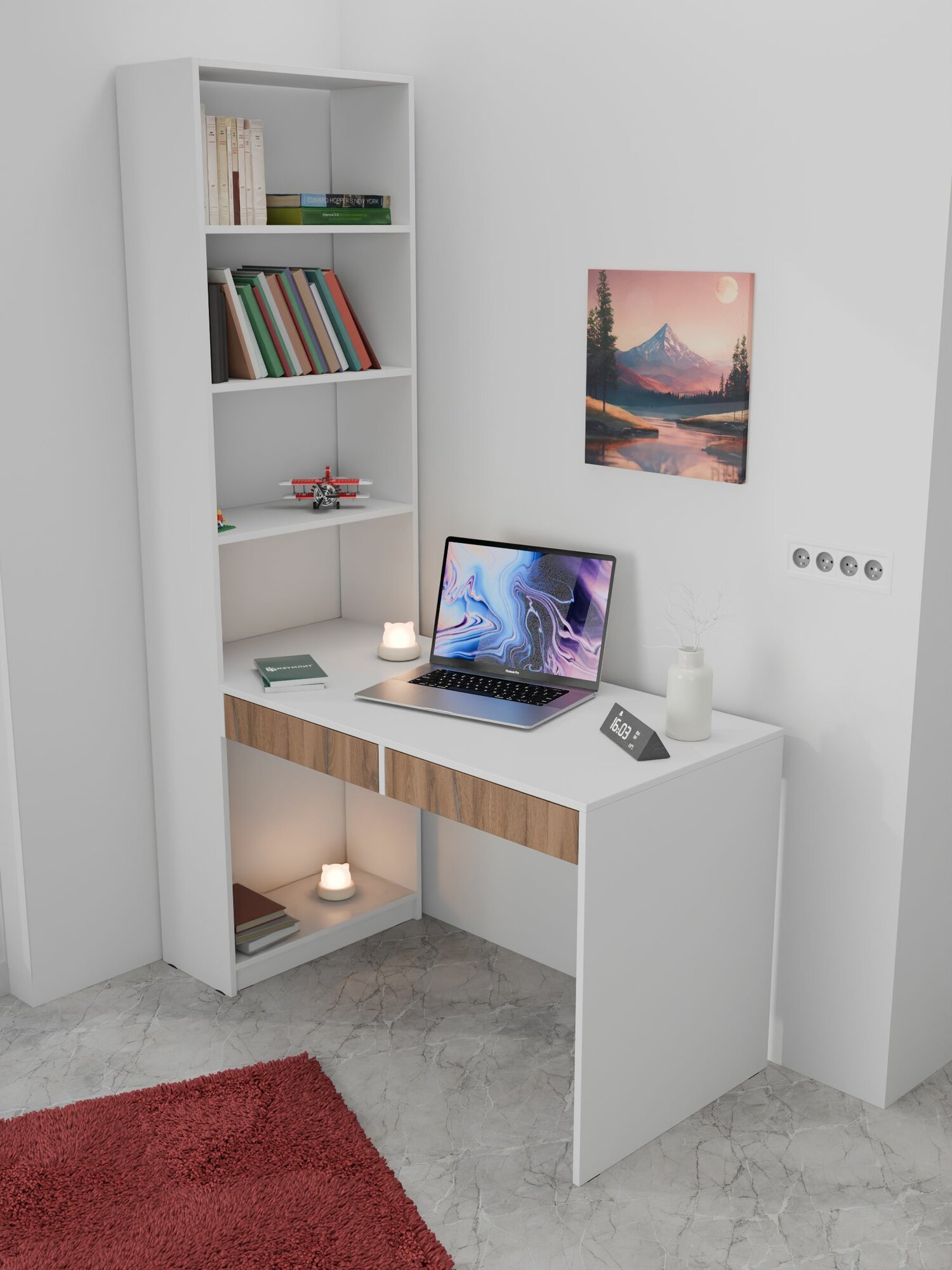 Изумлит Стол-стеллаж письменный угловой, стеллаж слева 200х130х59.2 см, белый - дуб крафт табачный