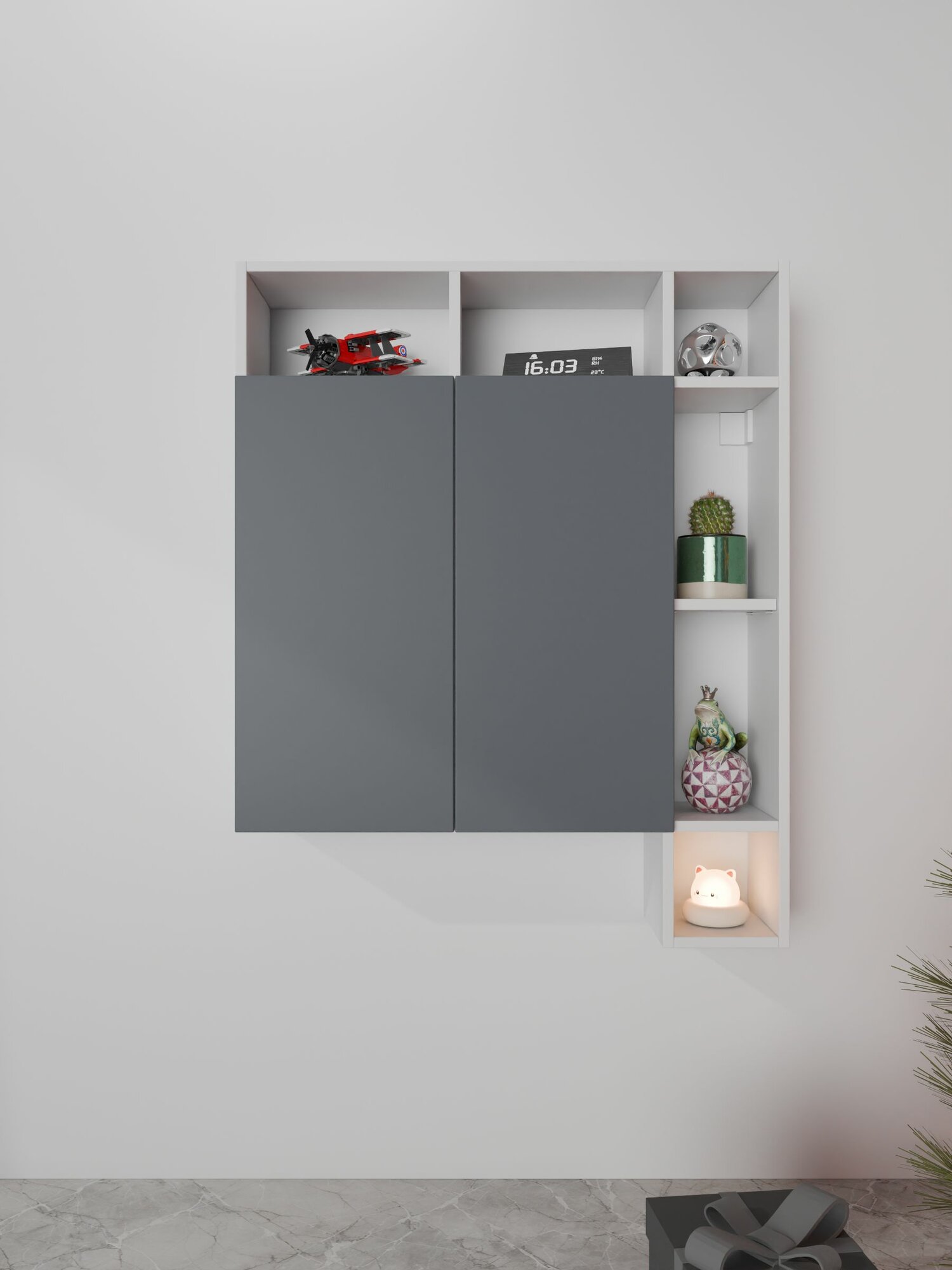 Изумлит Полка навесная закрытая модуль Эра 98.3х79.3х21.6 см, белый-графит