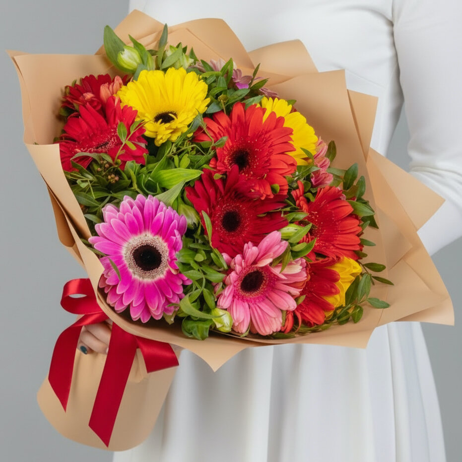 Дуо-Букет Мегацвет24 Альстромерии, Герберы "Альстромерии и Герберы", разноцветный, высота 40см