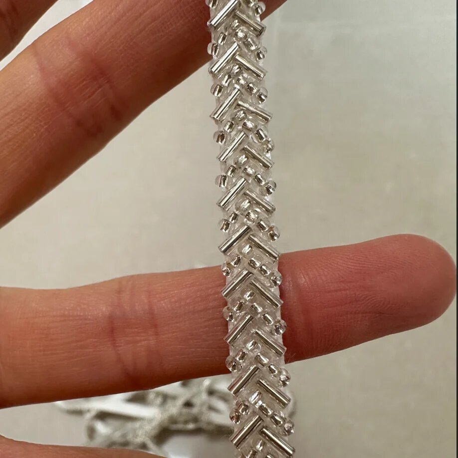Кружевная лента с бисером 7 мм Серебряный, Silver White