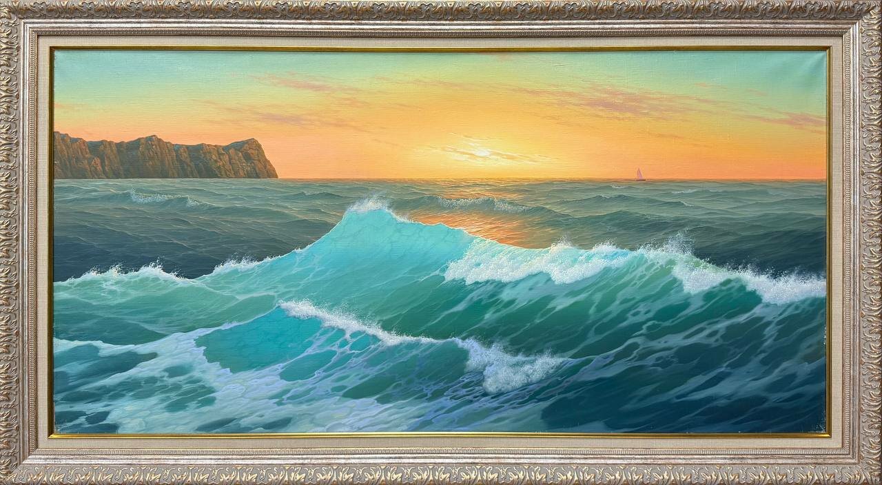Картина маслом, морской пейзаж "Море на рассвете". Холст/Масло, 2020. Размер 60х120. Автор Кучуков Я.