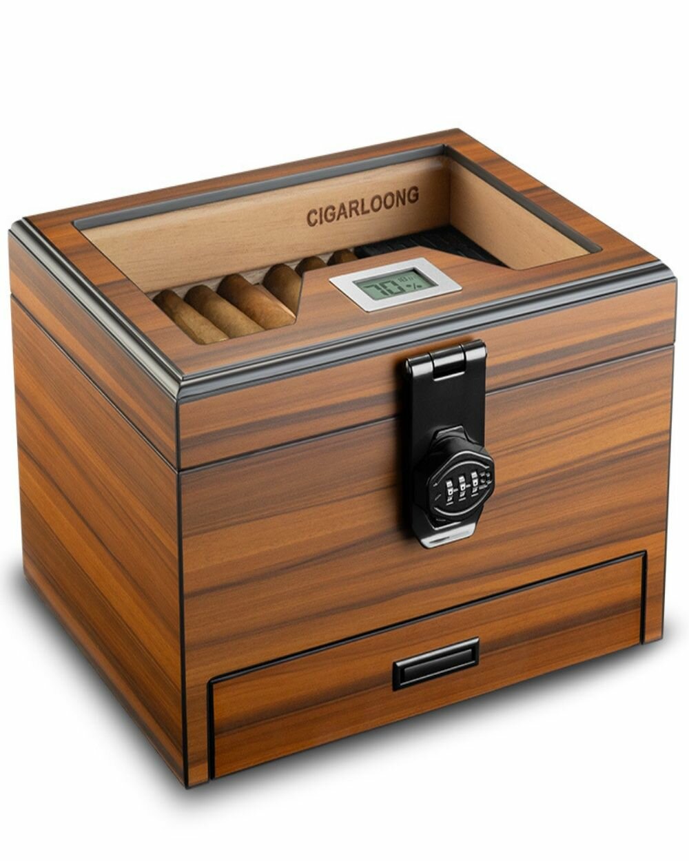 Хьюмидор для сигар CIGARLOONG с парольным замком, двухслойный большой вместительный хьюмидор из кедрового дерева с облицовкой и панорамным окном