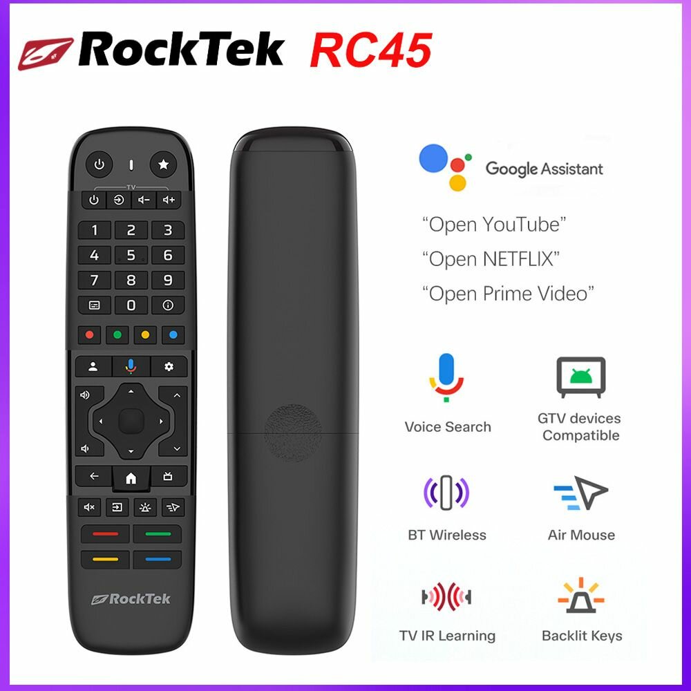 Беспроводной голосовой пульт RockTek RC45, совместимый с ТВ-боксами Google TV: RockTek G2, GX1, GT1, GB1, GS1, донглами KICKPI KP1, KP2 и устройствами Mecool.