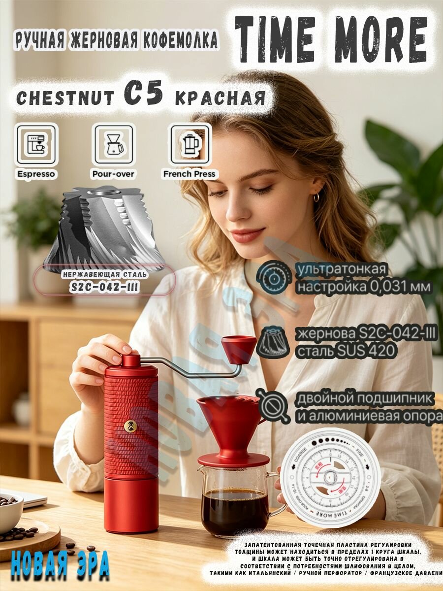Ручная жерновая кофемолка для эспрессо 48 ступеней цельнометаллическая красная