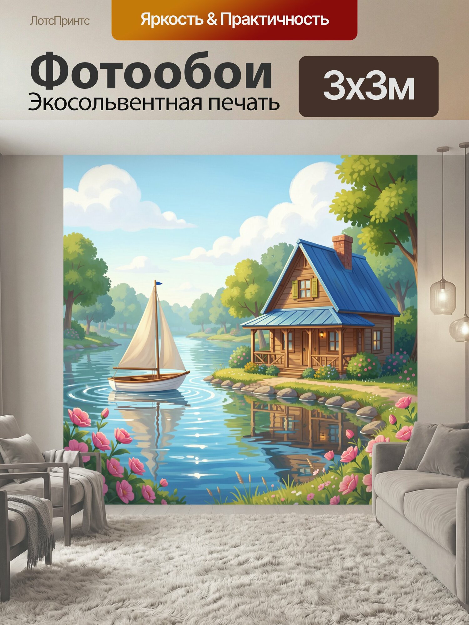 Фотообои "Уютный дом у реки с лодкой. Живописный летний пейзаж в мультяшной стилистике: деревянный коттедж на берегу, парусник на тихой воде." 300x300 см. экосольвентная печать
