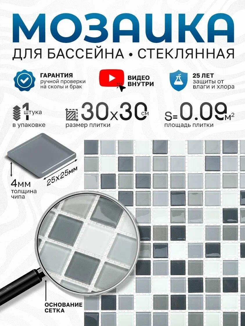 Плитка мозака стеклянная КерамограД 30х30 см FA076.072.080/ 1 сетка