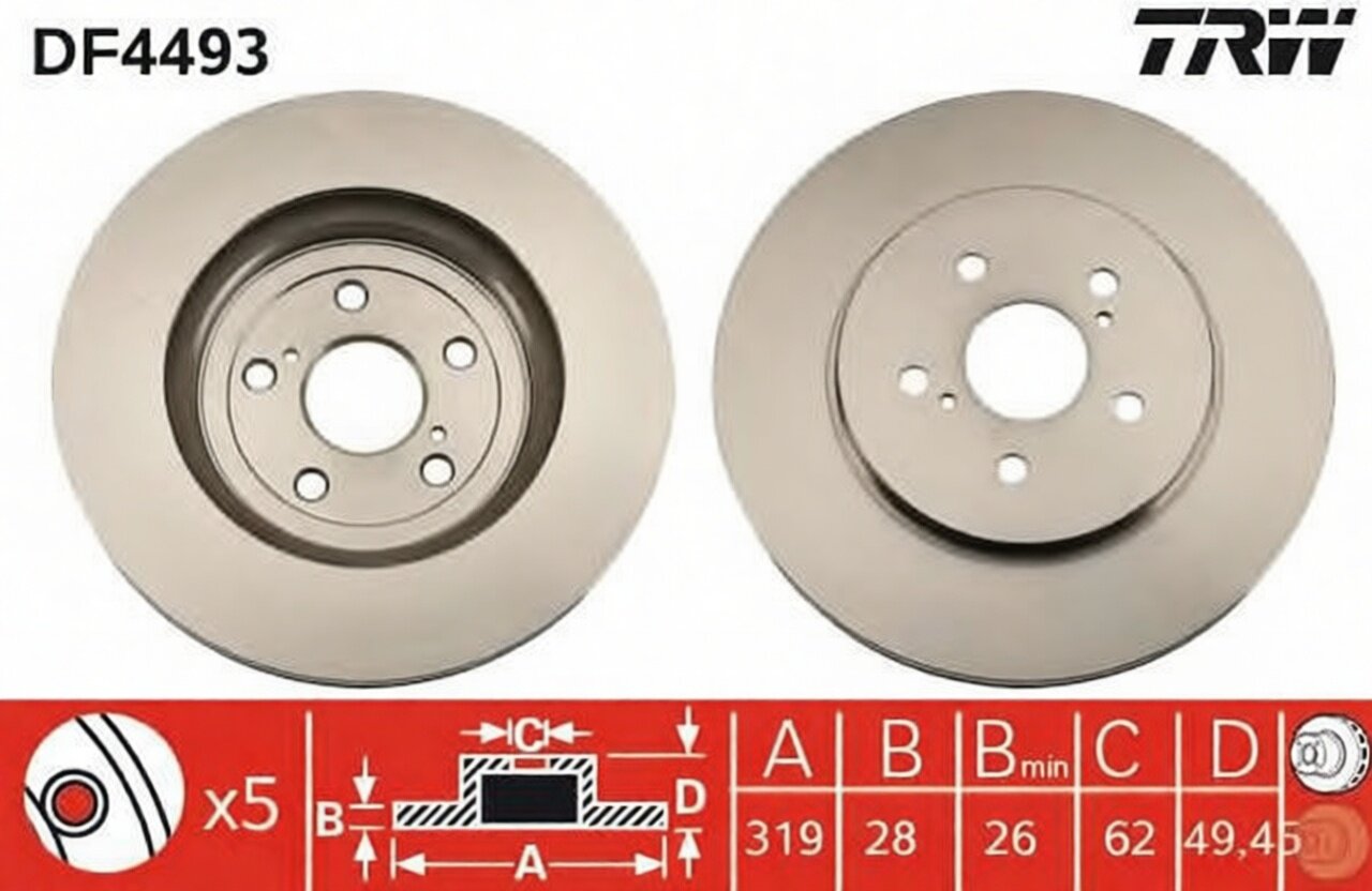 Диск тормозной передний LEXUS RX300-350-400h (2003-2008) DF4493 TRW арт. DF4493