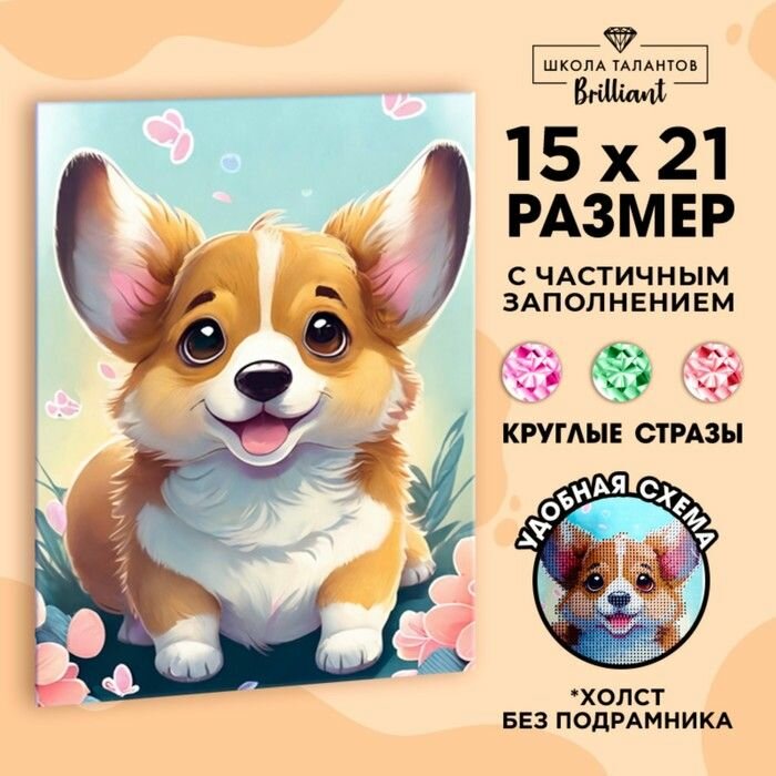 Алмазная вышивка с частичным заполнением Малыш корги , 15 х 21 см, холст