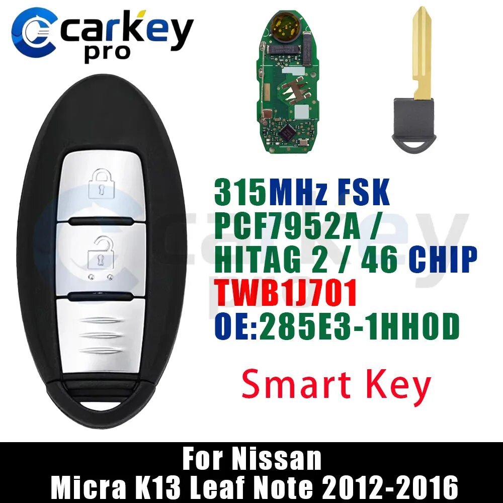 Автомобильный смарт-ключ Carkeypro с 2 кнопками, 315 МГц, TWB1J701, PCF7952A / HITAG 2 / 46 CHIP для Nissan Micra K13, Leaf, Note 2012-2016