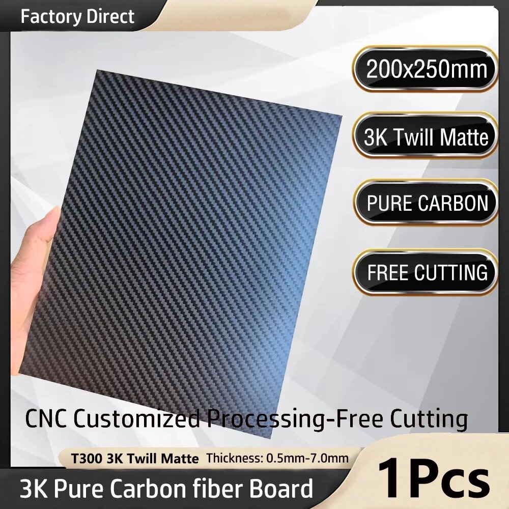 Лист углеволокна 200x250 мм, 3K саржа, матовый 3.0mm Twill Matte