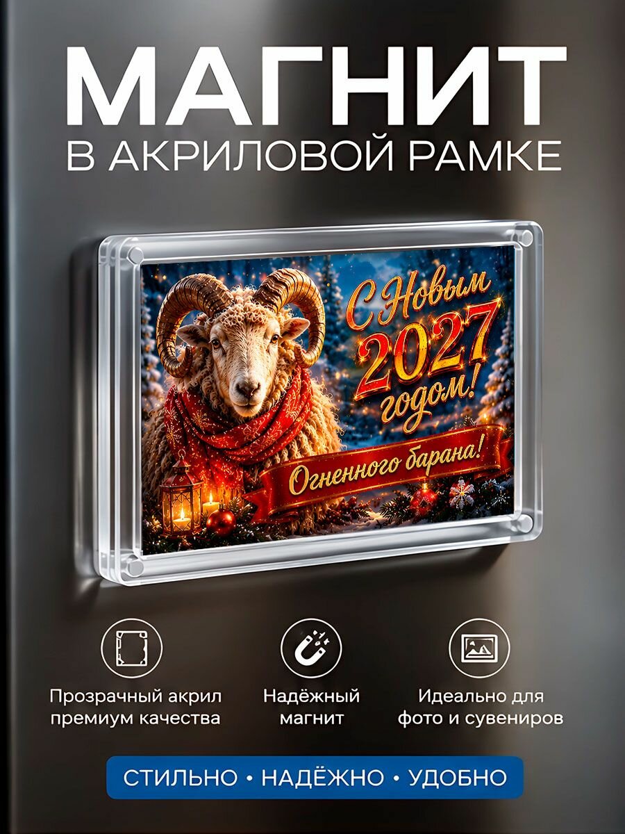 Магнит на холодильник Символ года 2027 "Огненный баран", 78*108 мм, 1 шт.