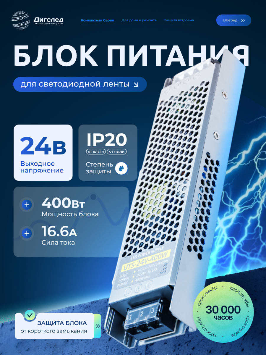 Блок питания 24В / 400Вт для светодиодной ленты, люстры, лампы, модулей, драйвер 24V /400W, 16.6A, IP20 DIGSLED