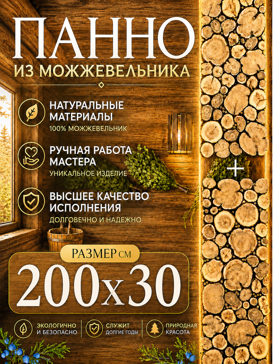 Панно из можжевельника в баню 200x30 cм, панно для бани