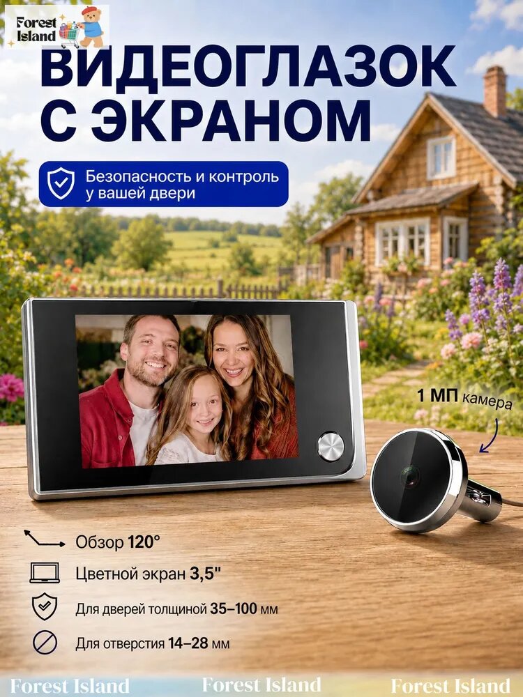 Видеоглазок для входной двери с экраном 3,5 , камера 1 МП, обзор 120 , белый