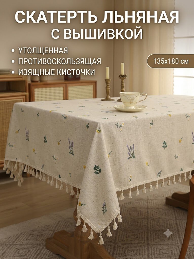 Скатерть на стол прямоугольная, льняная плотная с вышивкой и кисточками, 135х180 см