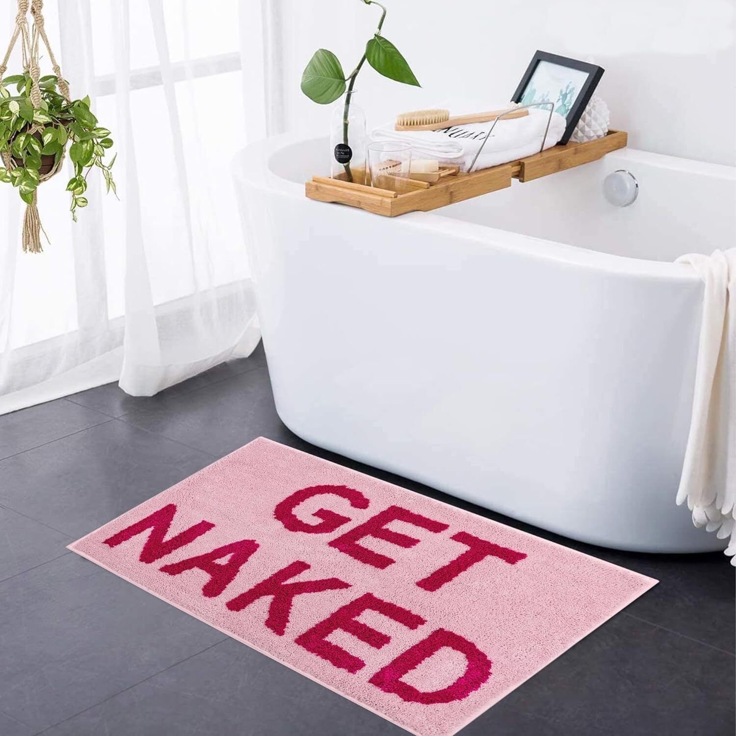 Коврик для ванной "GET NAKED", противоскользящий, мягкий, впитывающий, розовый、60x90cm