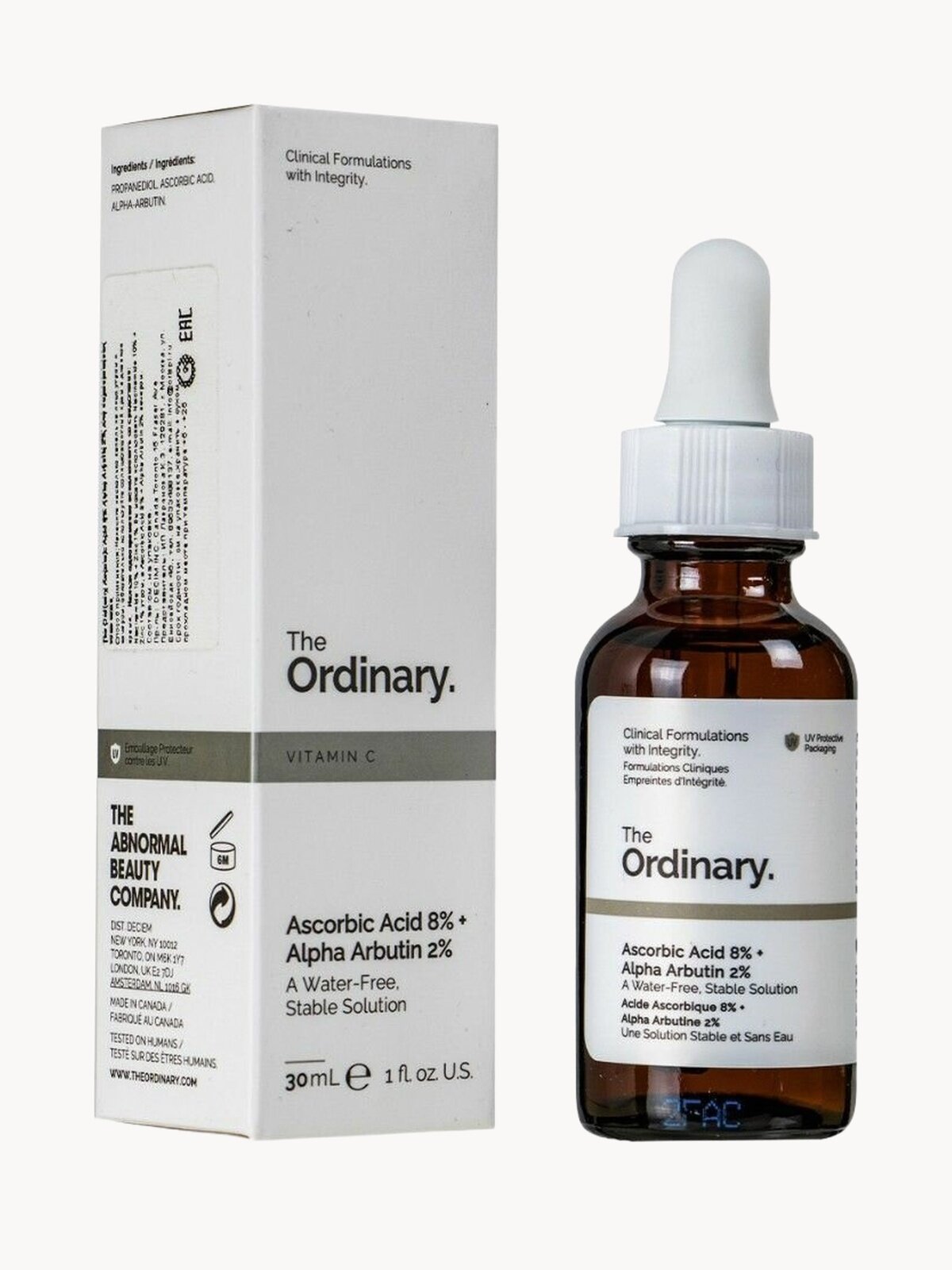 Сыворотка для лица антивозрастная Ascorbic Acid 8% + Alpha Arbutin 2% The Ordinary, объем 30 мл, с витамином С и альфа арбутином
