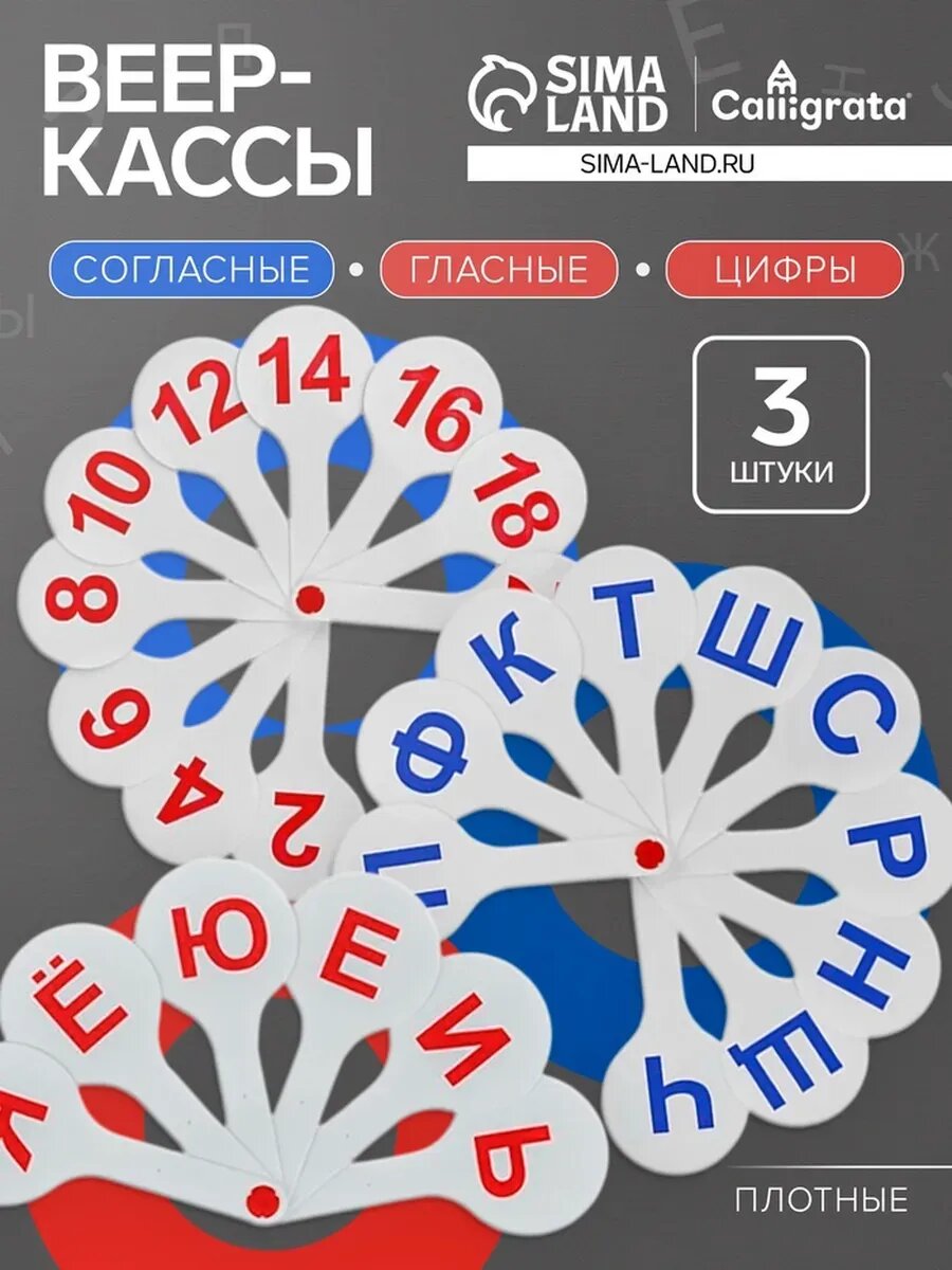 Набор веер-касс, гласные, согласные, цифры от 1 до 20, 3 шт