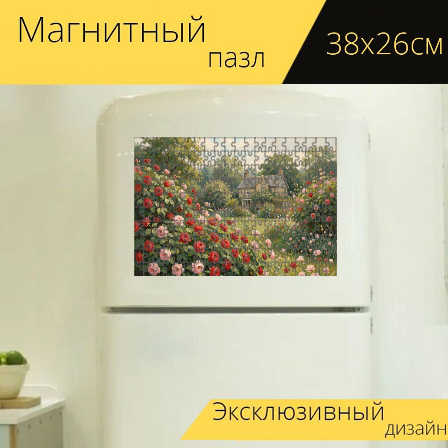 Магнитный пазл "Сад с розами и коттеджем. Уютный загородный дом среди цветущих кустов, летний английский парк, живописная масляная манера, красные и розовые." для интерьера, 38х26 см.