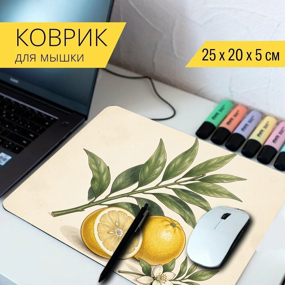 Коврик для мыши с принтом "Лимоны с листьями и цветком. Ботаническая иллюстрация цитрусовой ветви: спелые жёлтые плоды, половинка с мякотью, зелёная листва и белый цветок." 25x20см.