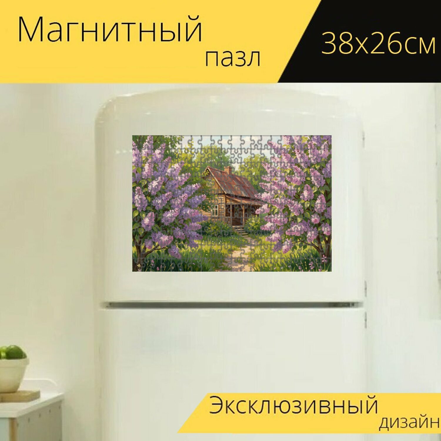 Магнитный пазл "Деревенский дом среди сирени. Уютная сельская избушка в цветущем саду, живописный весенний пейзаж с лиловыми кустами, зеленью, тропинкой и." для интерьера, 38х26 см.