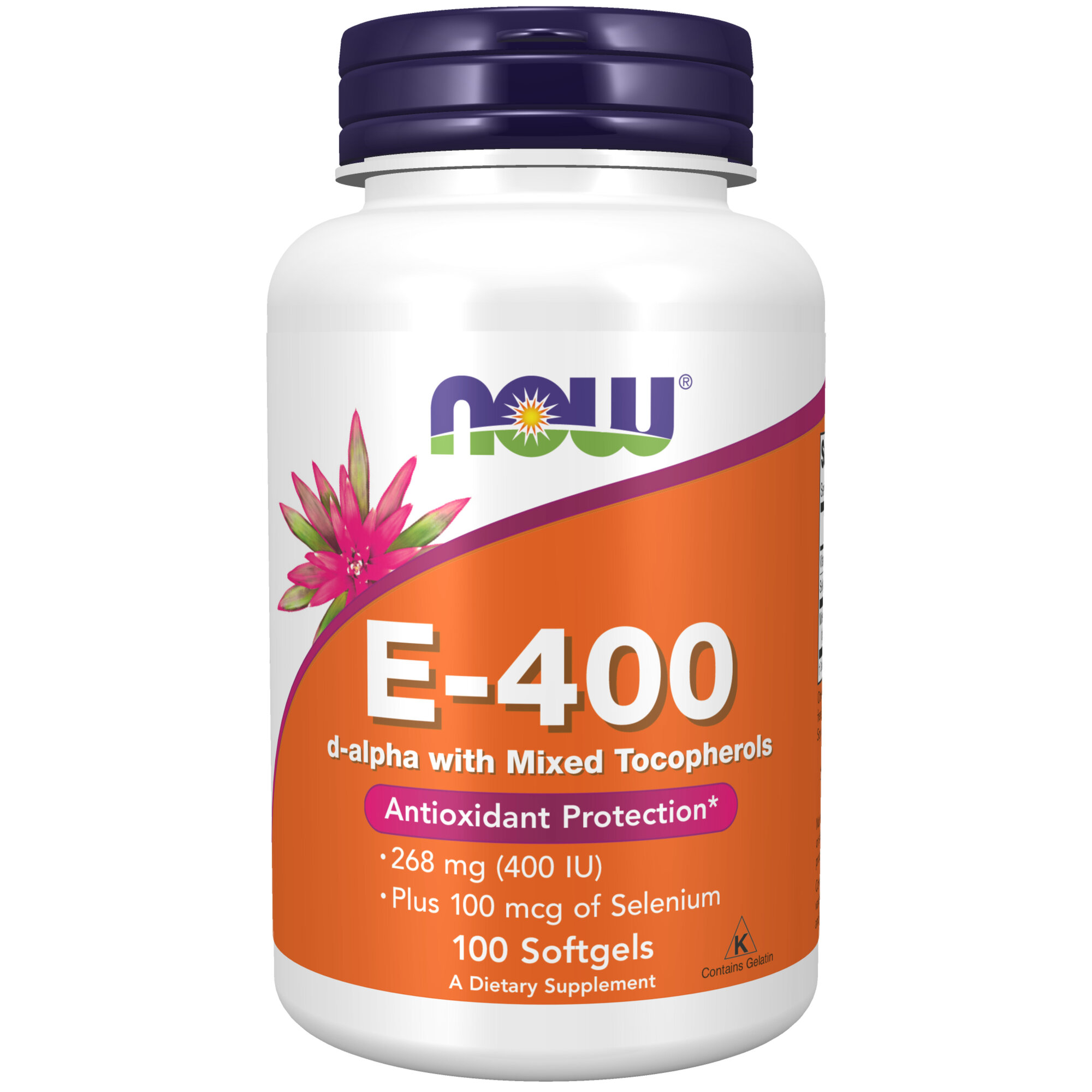 NOW Vitamin E-400, Витамин Е со смешанными токоферолами + Селен, 100 капсул, Антиоксидант, витамины для иммунитета