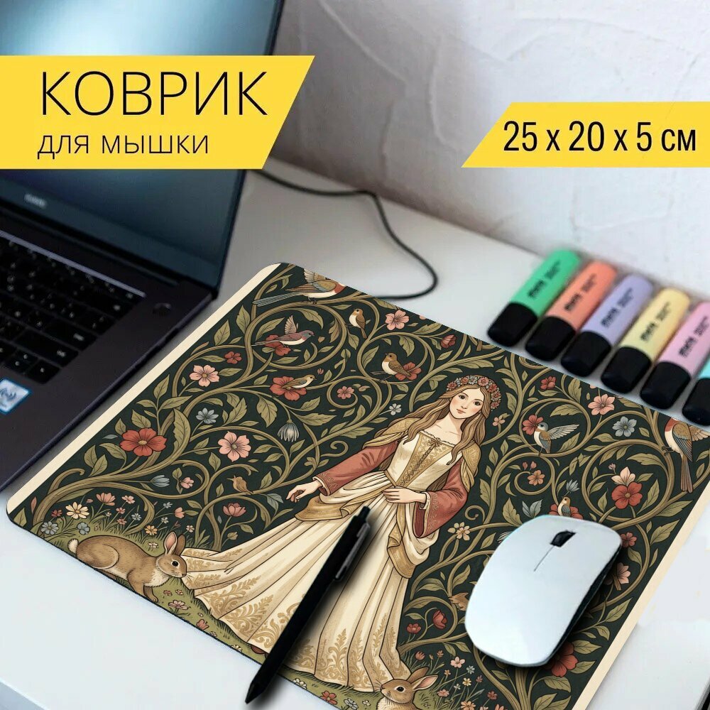 Коврик для мыши с принтом "Девушка в цветочном саду с птицами. Сказочная девушка в светлом платье среди вьющихся растений, нежных цветов и поющих птичек, с кроликами у ног." 25x20см.