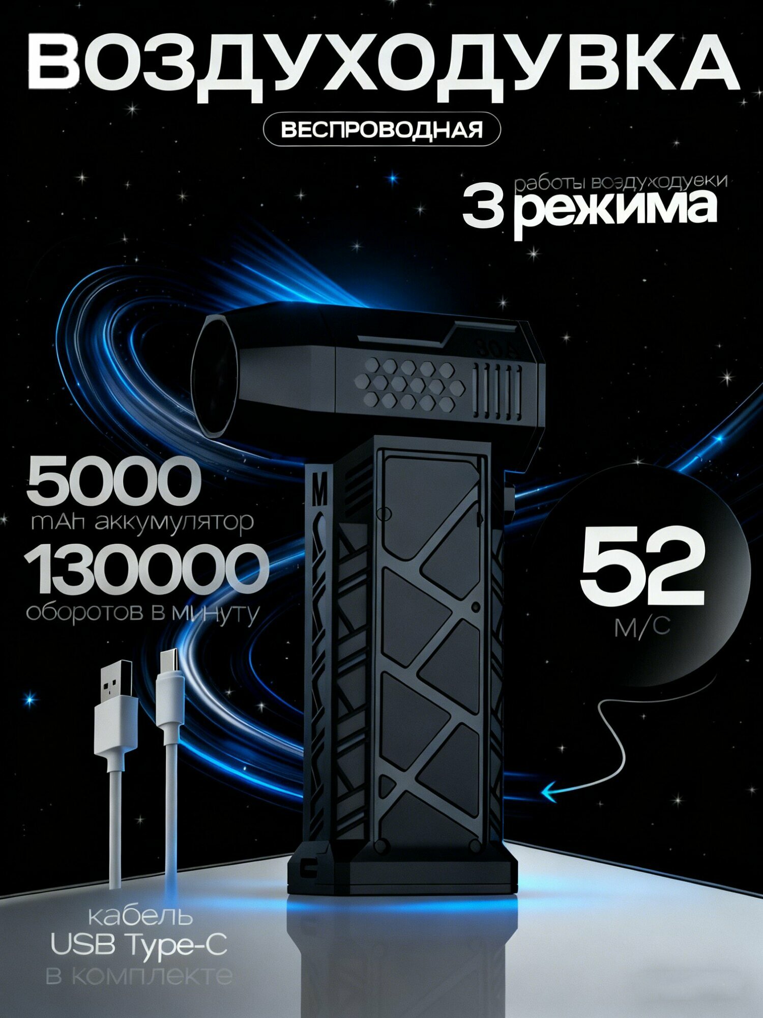 Мощный Турбо Вентилятор 130000 об/мин для Авто, Кемпинга и Чистки ПК