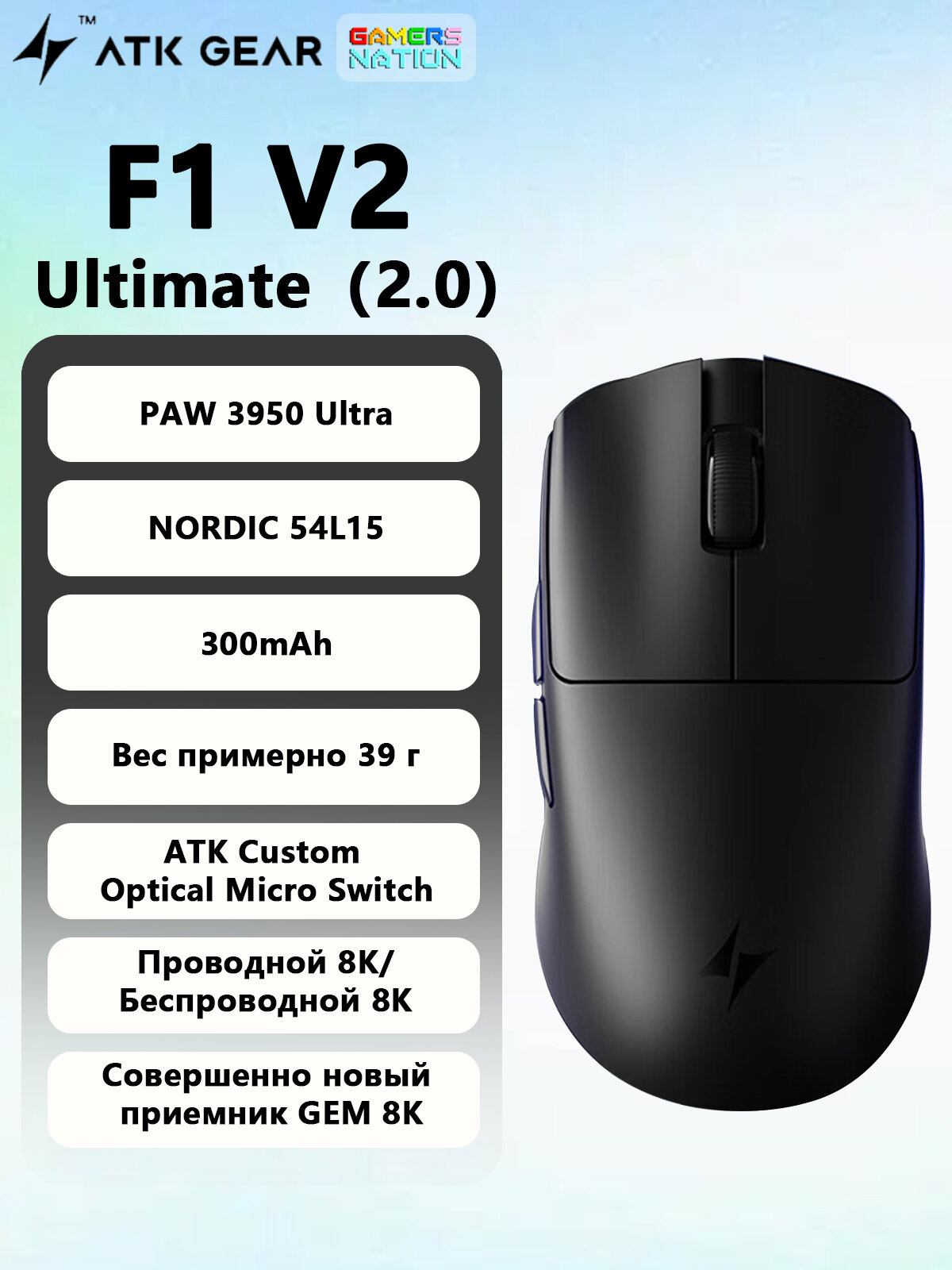 VXE Игровая мышь беспроводная ATK BLAZING SKY F1 V2 ULTIMATE, черный, серый