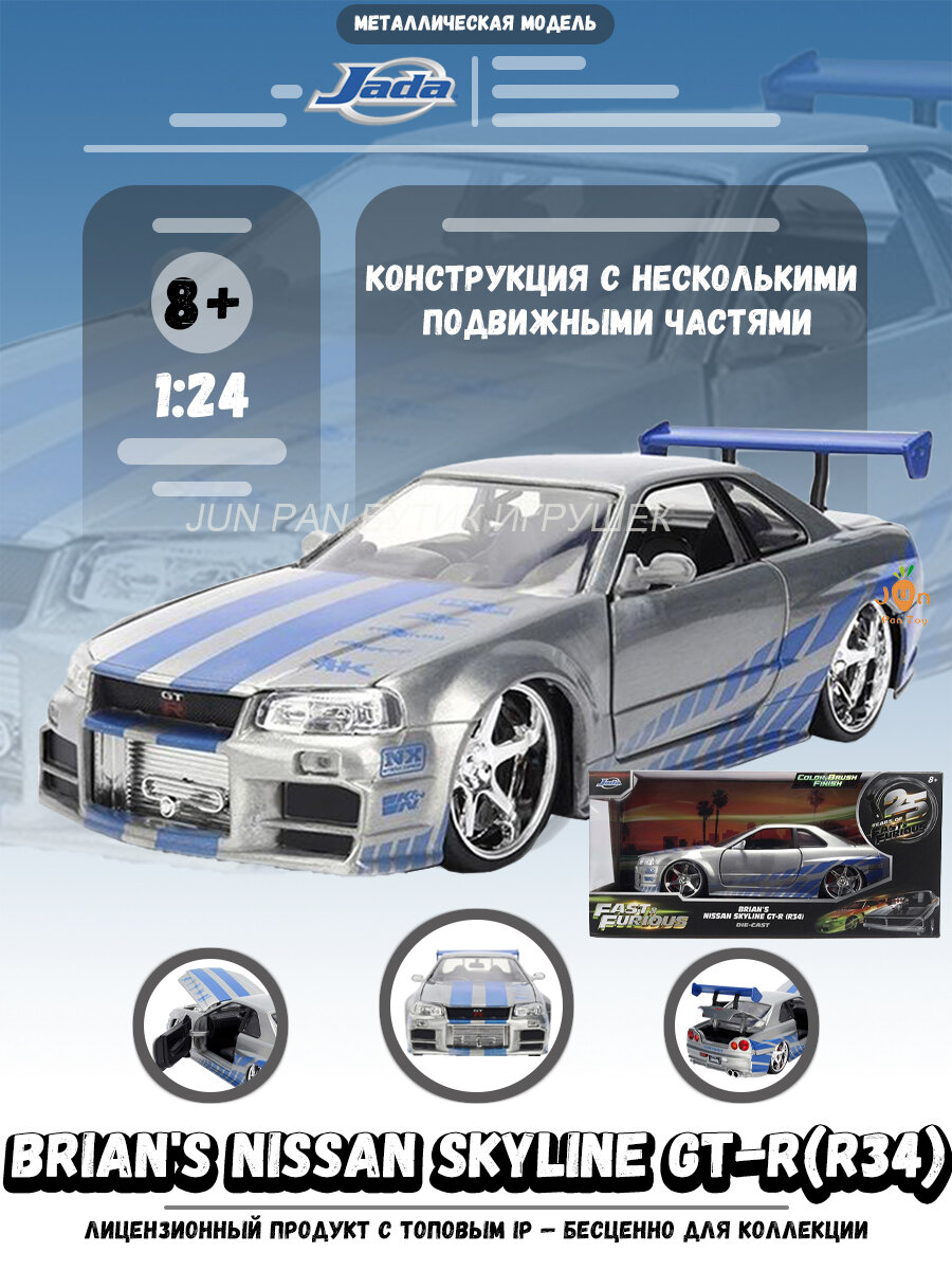 Машинки форсаж Ниссан Скайлайн Металл машина Модель 1:24 / Fast & Furious Brian's Nissan Skyline GT-R(R34)