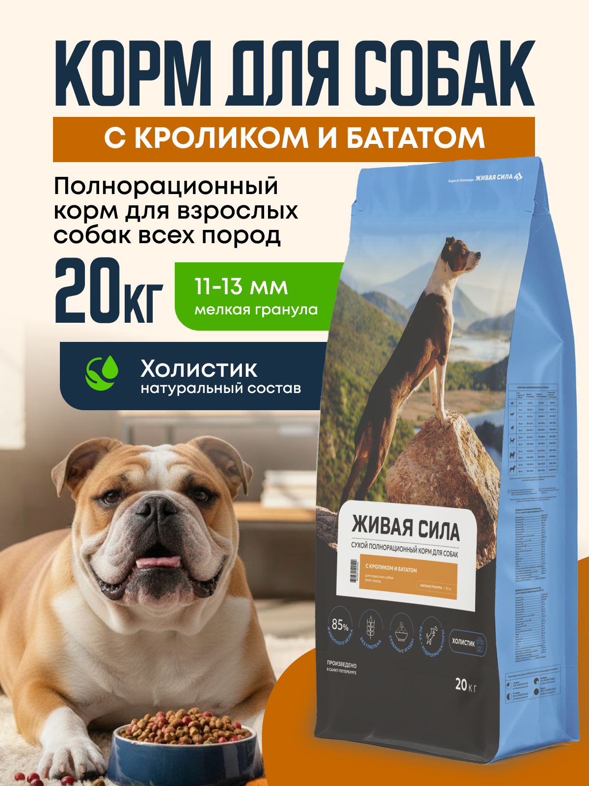Живая Сила. Сухой полнорационный корм с кроликом и бататом для взрослых собак всех пород. Мелкая гранула, 20 кг.