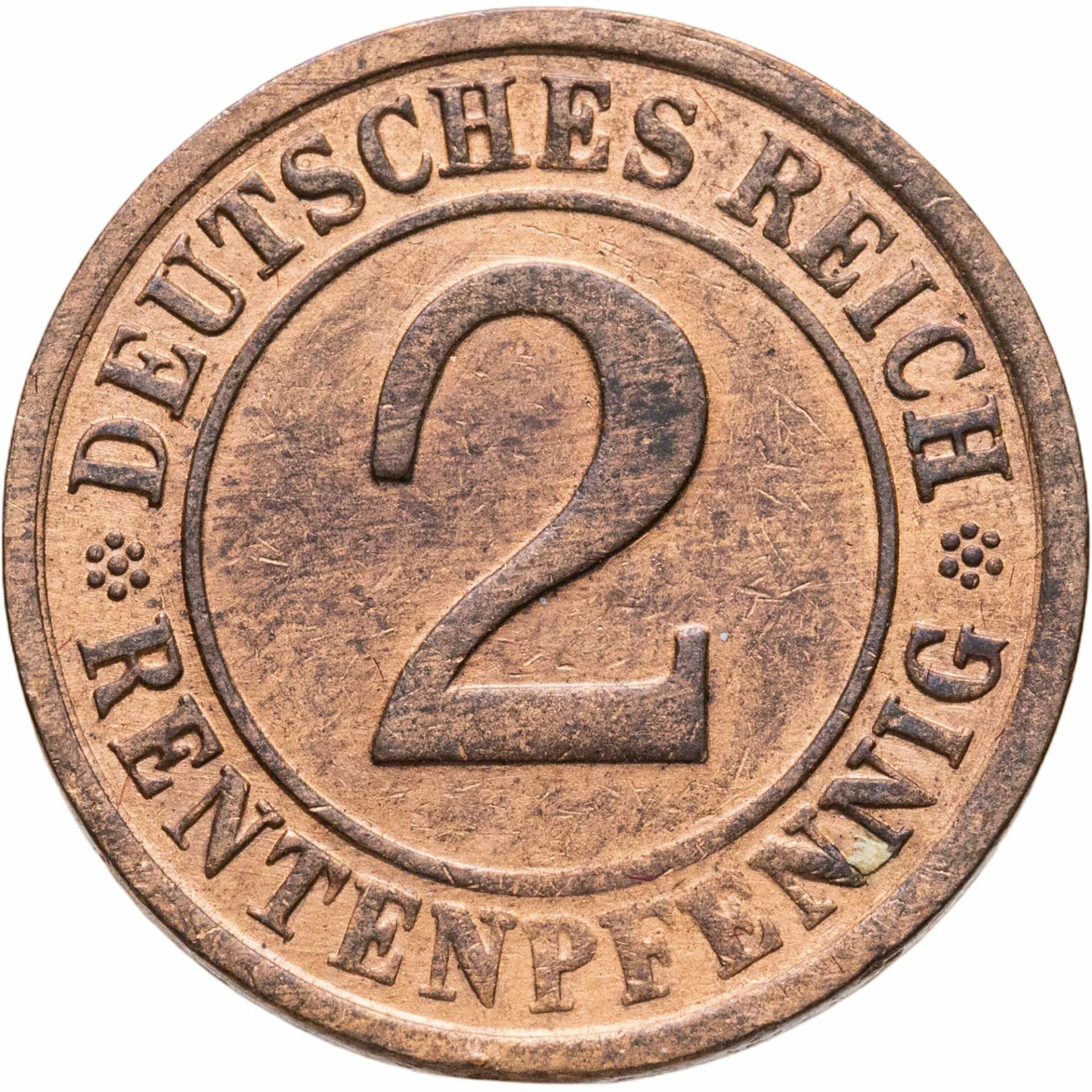 Германия 2 пфеннига рентенпфеннига, rentenpfennig 1923 G знак монетного двора "G" — Карлсруэ, Бронза, в сохранности VF