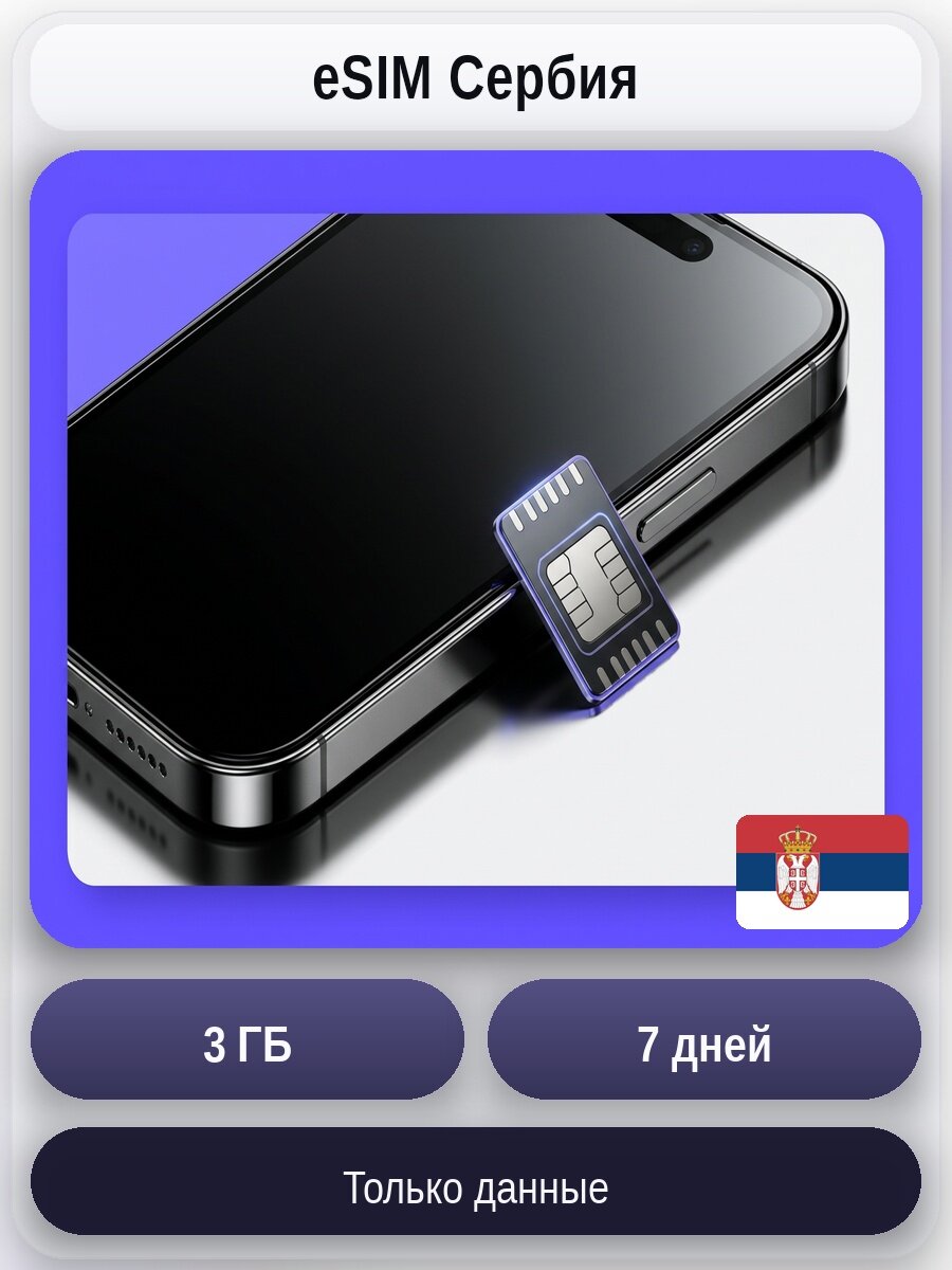 ESIM карта для Сербии, только для передачи данных, объёмом 3 ГБ, сроком действия 7 дней, активация в регионе RS