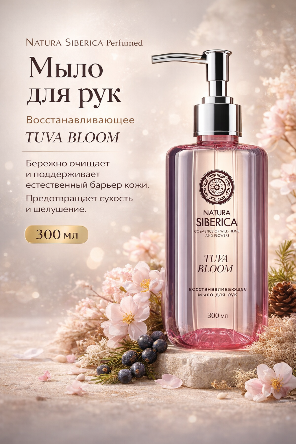 Восстанавливающее жидкое мыло Natura Siberica "TUVA BLOOM", для рук и тела, без парабенов, 300мл