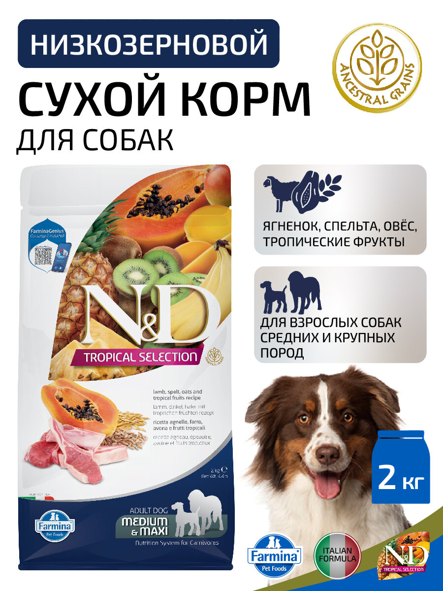 Сухой низкозерновой корм Farmina N&D Tropical Selection Dog Medium&Maxi для взрослых собак средних и крупных пород, ягнёнок, 2 кг