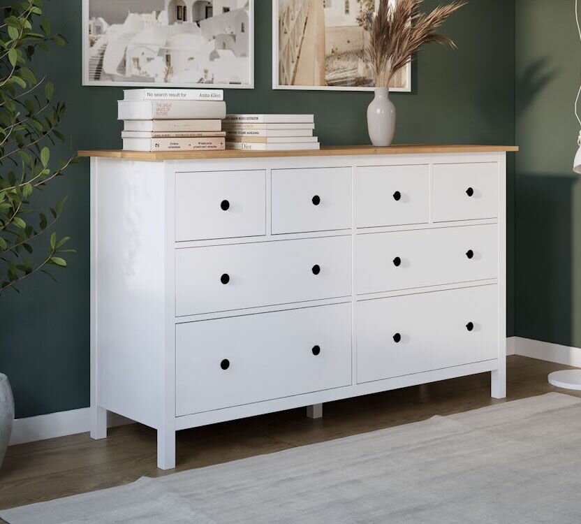 Комод 8 ящиков HEMNES Кымор, массив сосны, цвет белый/светло-коричневый, (икеа)