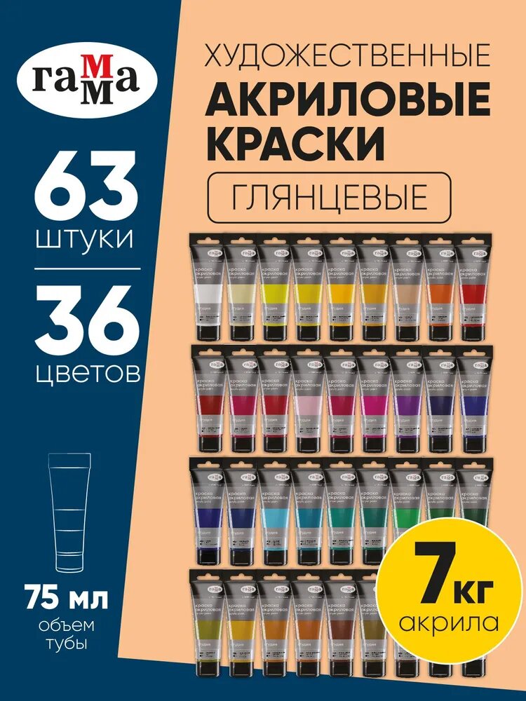 Акриловые краски для рисования художественные Гамма 12 цветов