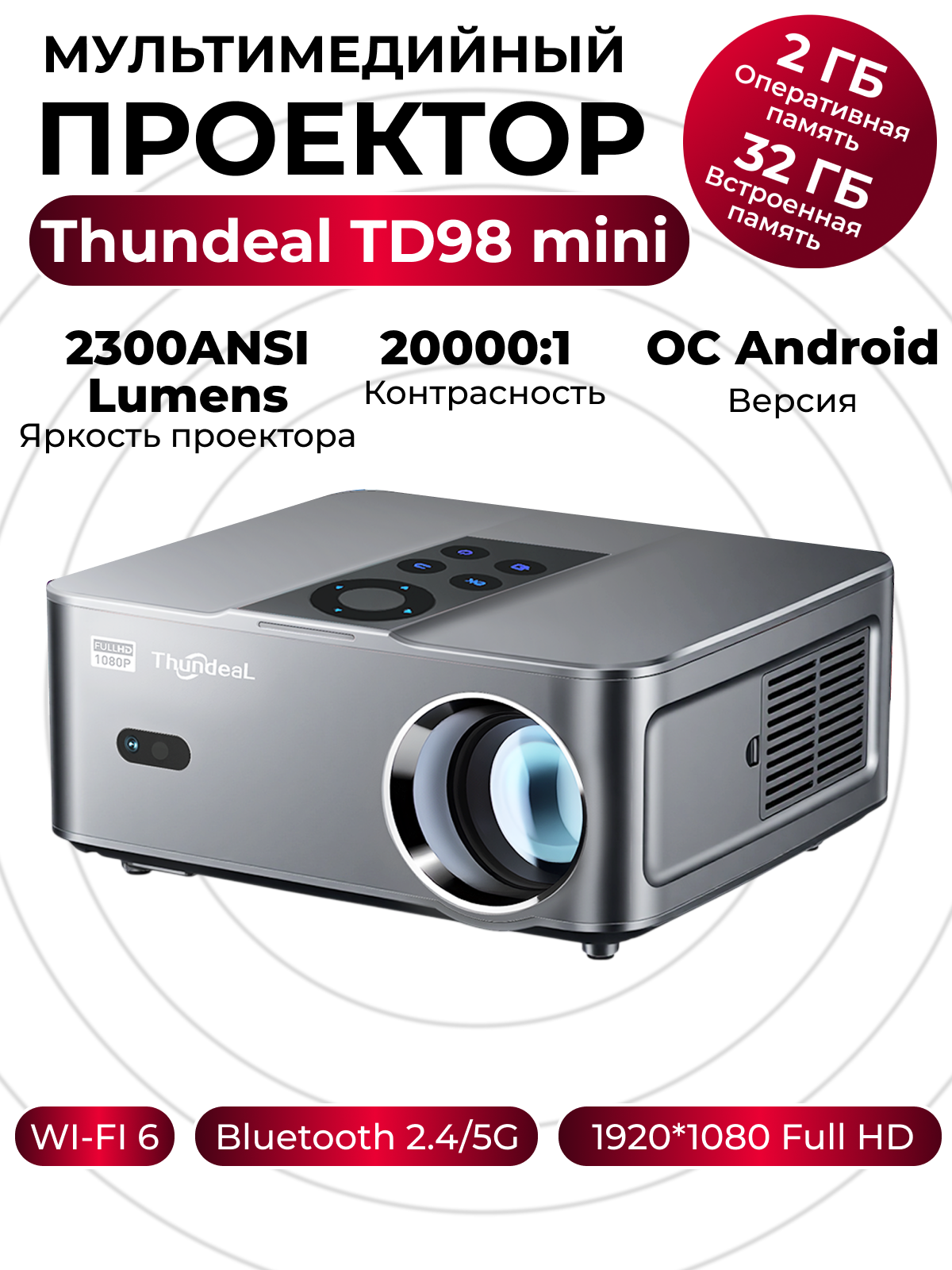 Мультимедийный проектор для фильмов новинка - Thundeal TD98 MINI на Андроид с высоким разрешением FullHD и яркостью 24000 лм