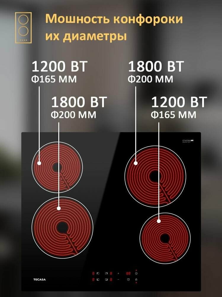 Электрическая варочная панель TECASA TCH59BB, 4 конфорки, 59 см, стеклокерамика, 6000 Вт, сенсорное управление, таймер — фото 1