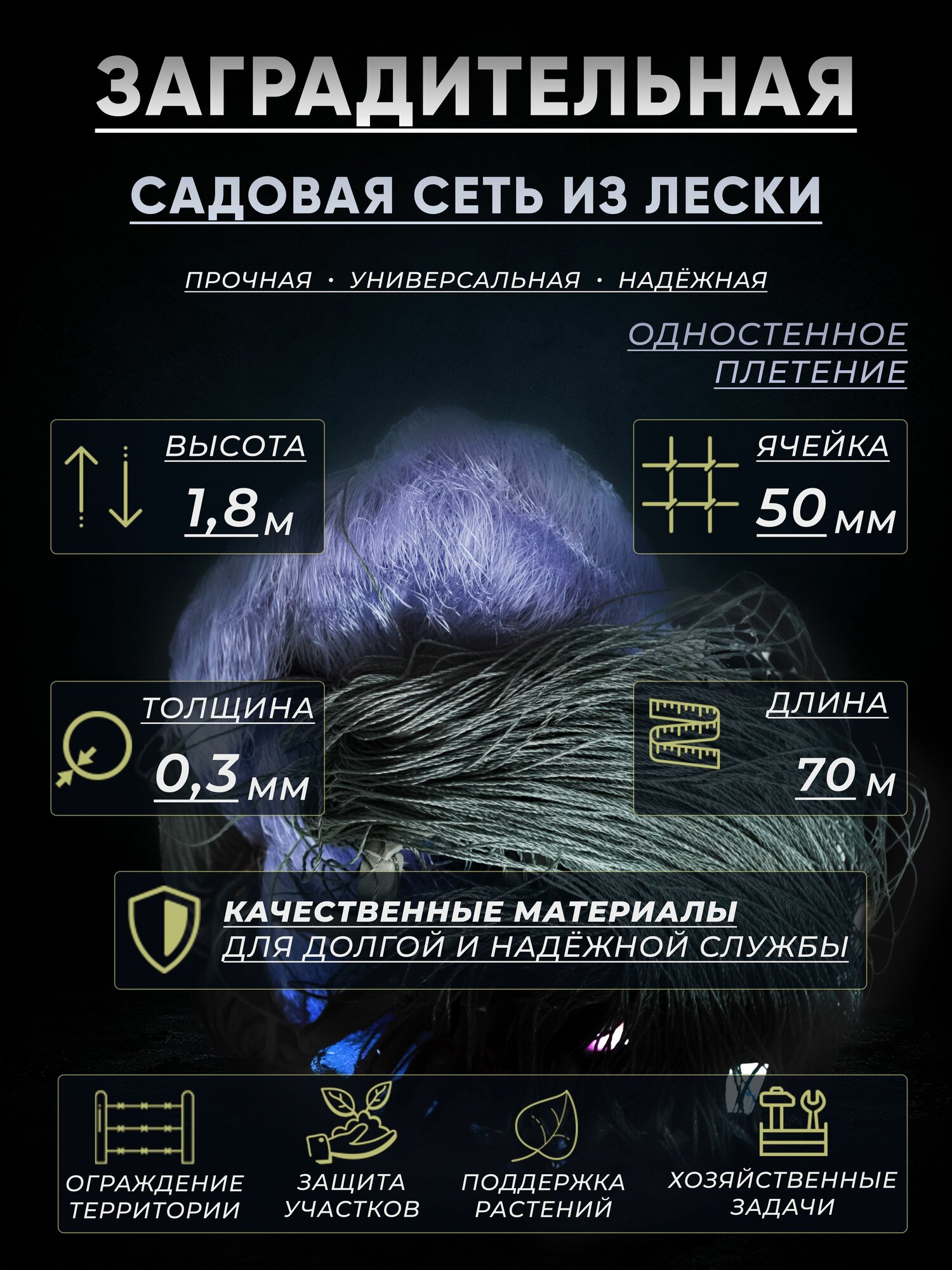 Сеть защитная одностенная из лески заградительная 1.8м 50мм, толщина 0.3, длина 60-70м