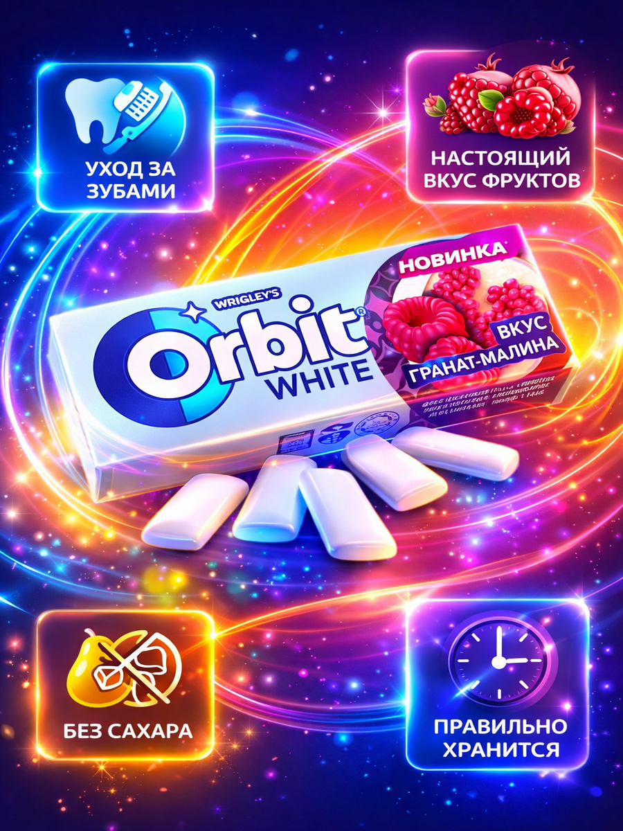Жевательная резинка ORBIT со вкусом граната и малины, без сахара, 13,6г x 5 упаковок