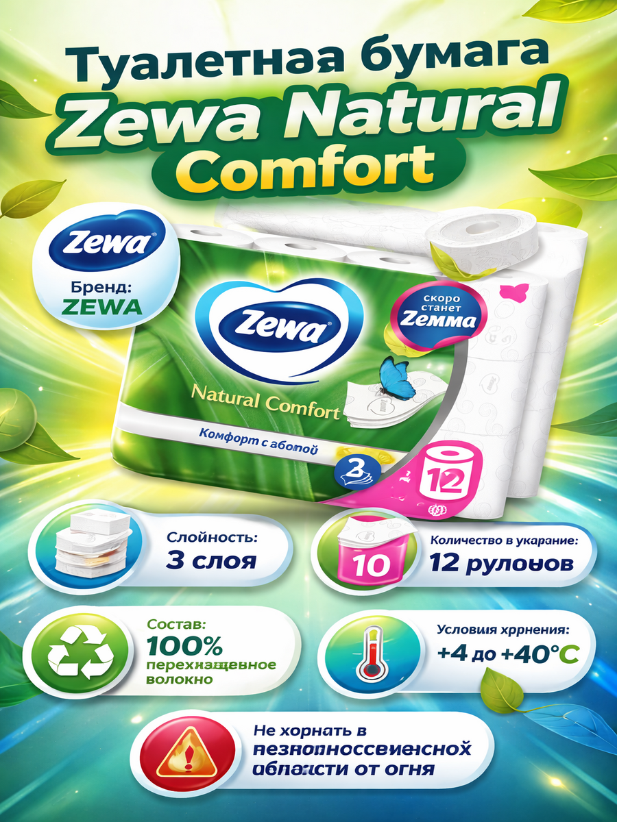 Туалетная бумага Zewa Natural Comfort 3 слоя, 12 рулонов